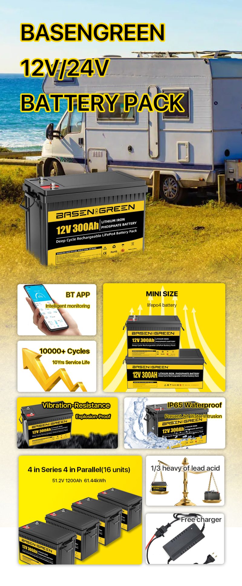 12V 300AH LiFePO4 باتری 200A BMS بلوتوث 4P4S