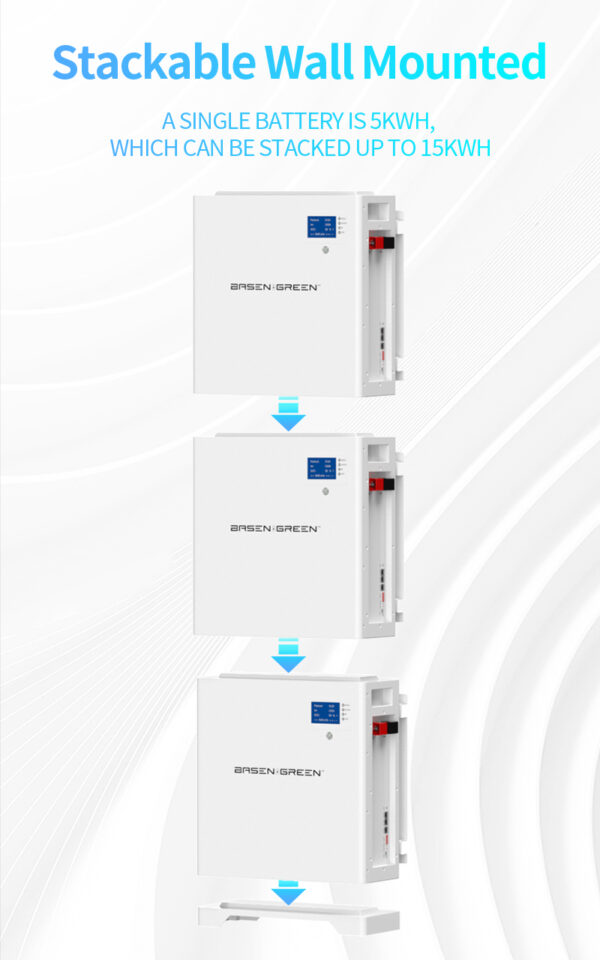 Stackable Wall Mounted 51.2V 100ah 5KWh 10KWh 15KWh battery